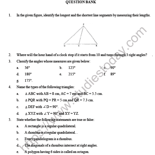 CBSE Class 6 Maths Understanding Elementary Shapes Question Bank